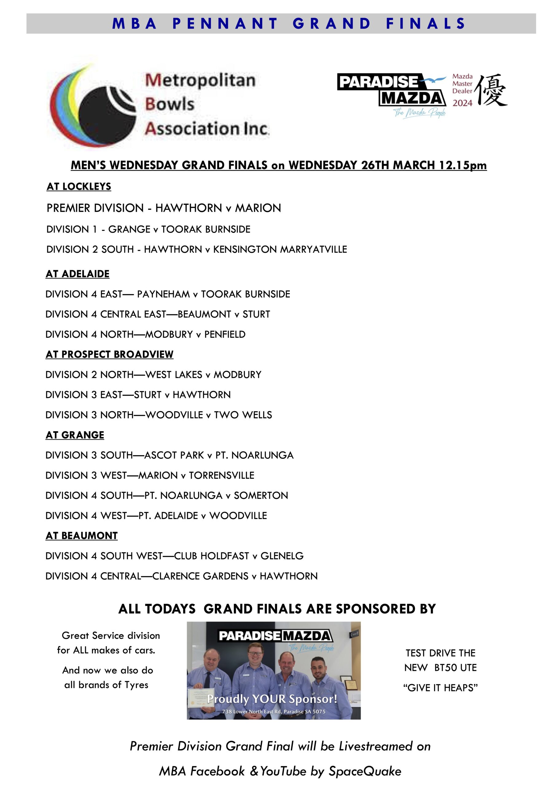 Men’s Pennants Grand Finals – Metropolitan Bowls Association